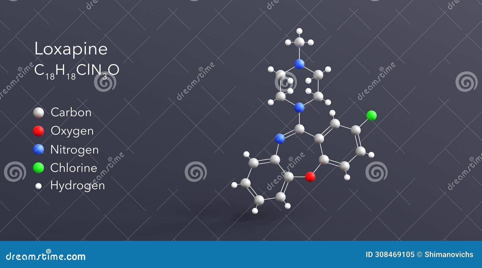 Loxapine Molecular Structure 3d, Flat Model, Dibenzoxazepine ...