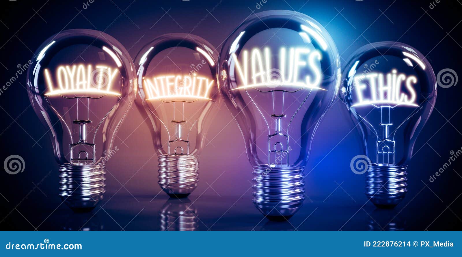 Loyalty, Integrity, Values, Ethics - Shining Four Light Bulbs - 3D ...