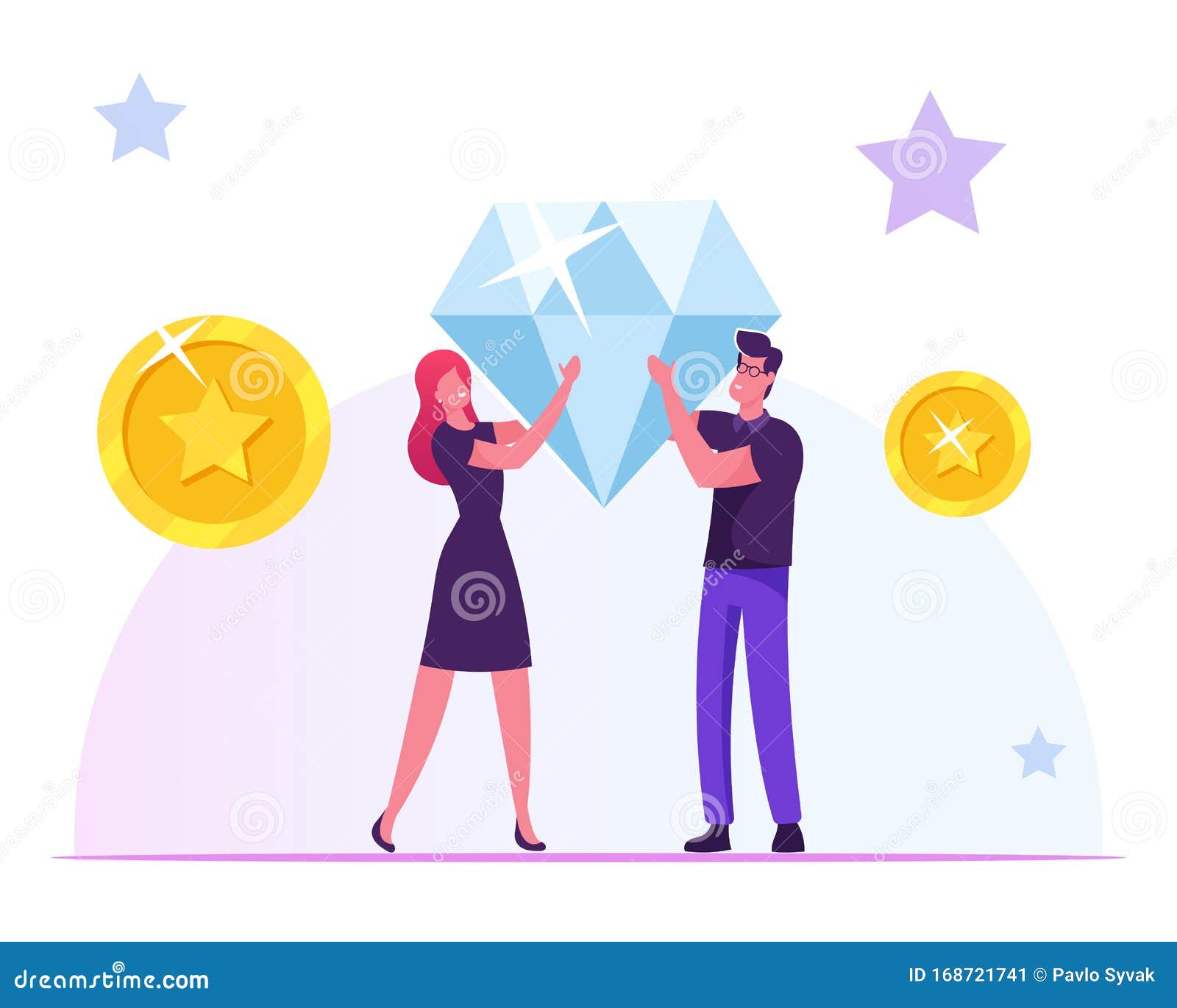 Loyalty Program for Regular Clients Concept. Man and Woman Hold Huge ... Loyalty Program for Regular Clients Concept. Man and Woman Hold Huge ...