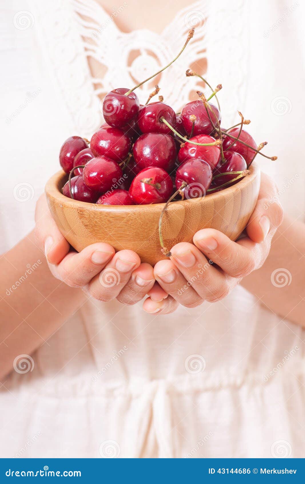 Loza Con Las Cerezas En Manos De La Mujer Foto de archivo - Imagen de ...