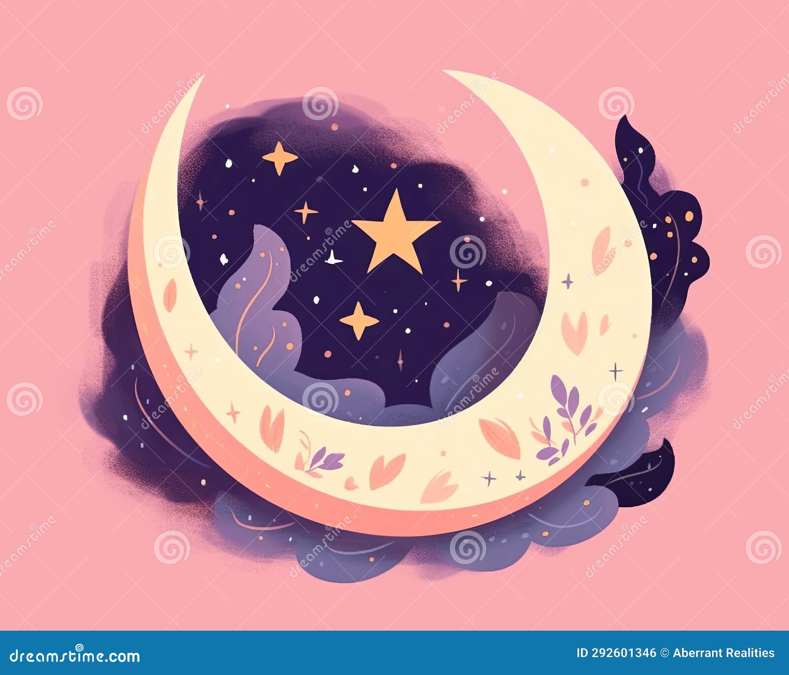 Lua Crescente Com Estrelas E Nuvens Sobre Fundo Rosa Ilustração Stock ...