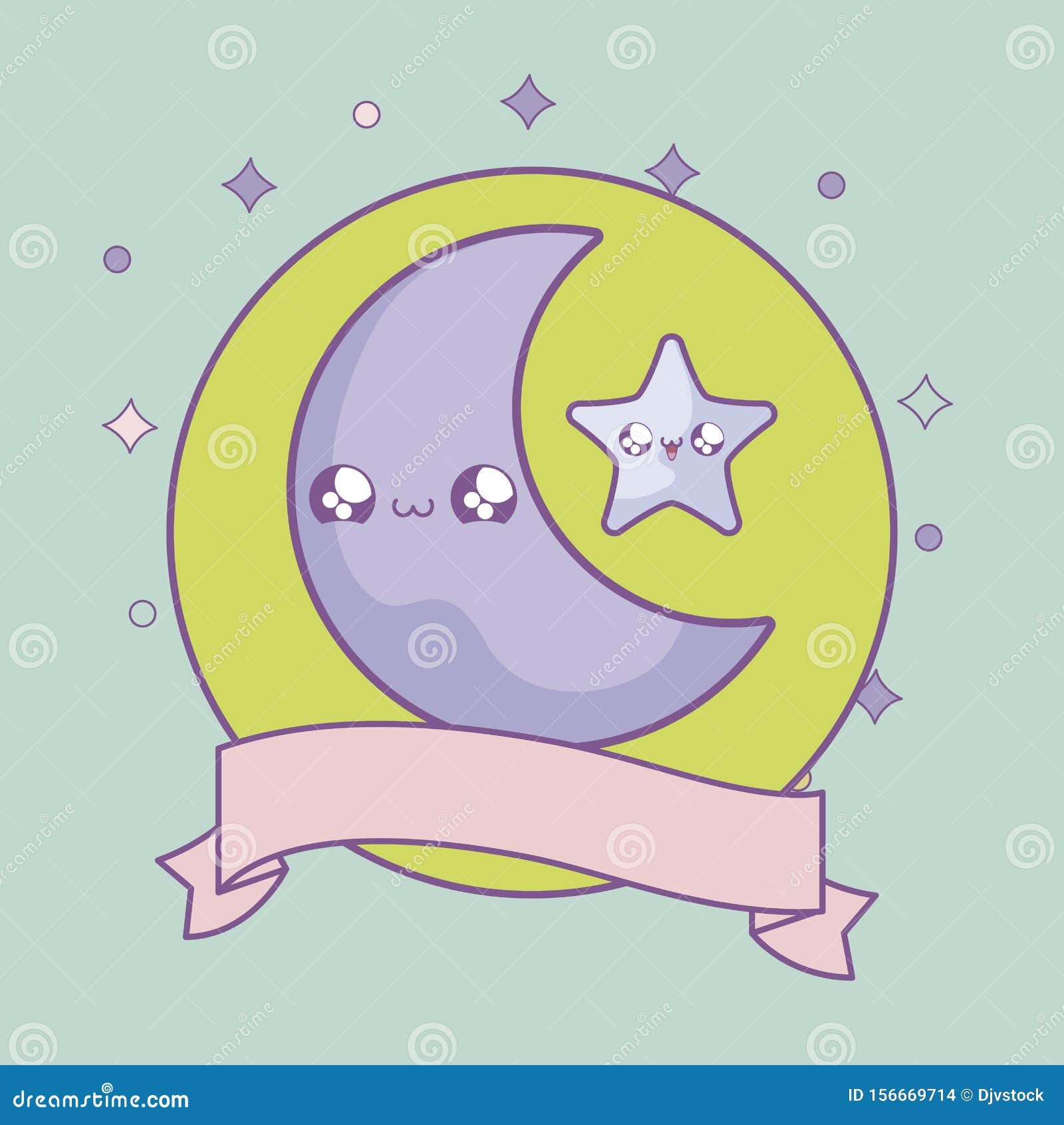 Lua E Estrela Bonitinhas Em Forma Circular Com Estilo Ribbon Kawaii ...