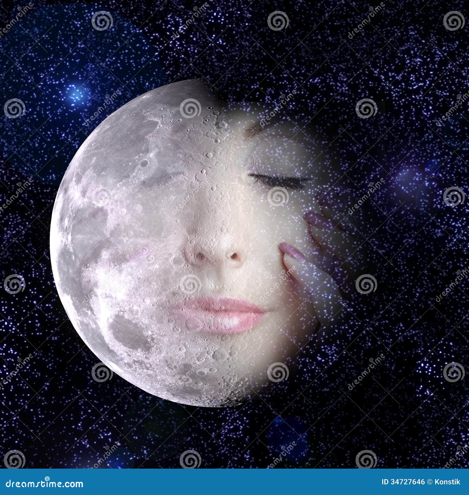 A Lua Transforma Em Uma Cara Da Mulher No Céu Noturno. Foto de Stock ...