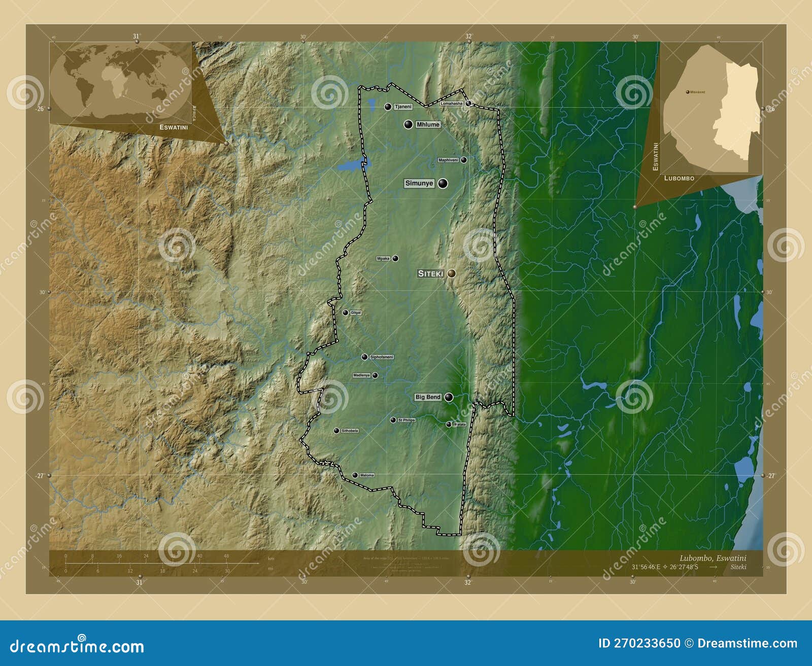 Lubombo, Eswatini. Physical. Labelled Points of Cities Stock ...