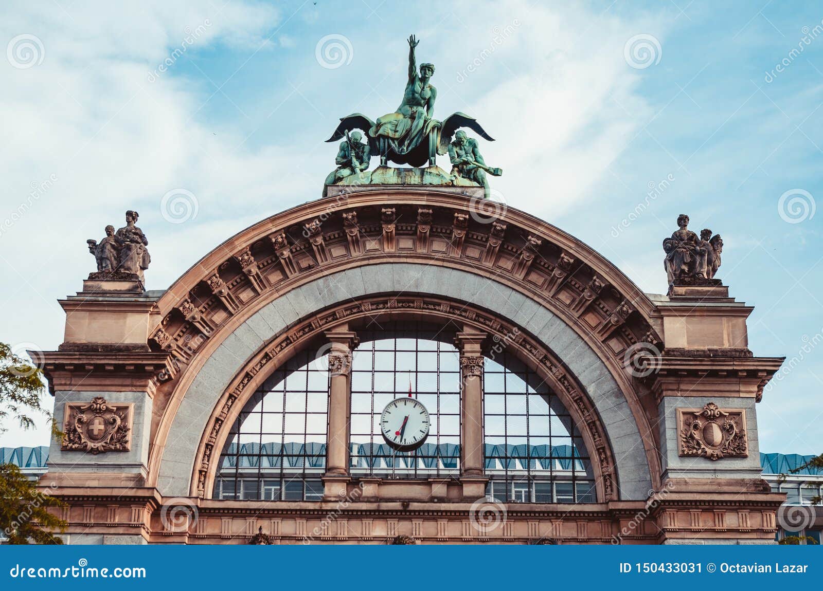Lucerne Train Station Arch Monument with a Clock Overcast Stock Image ...