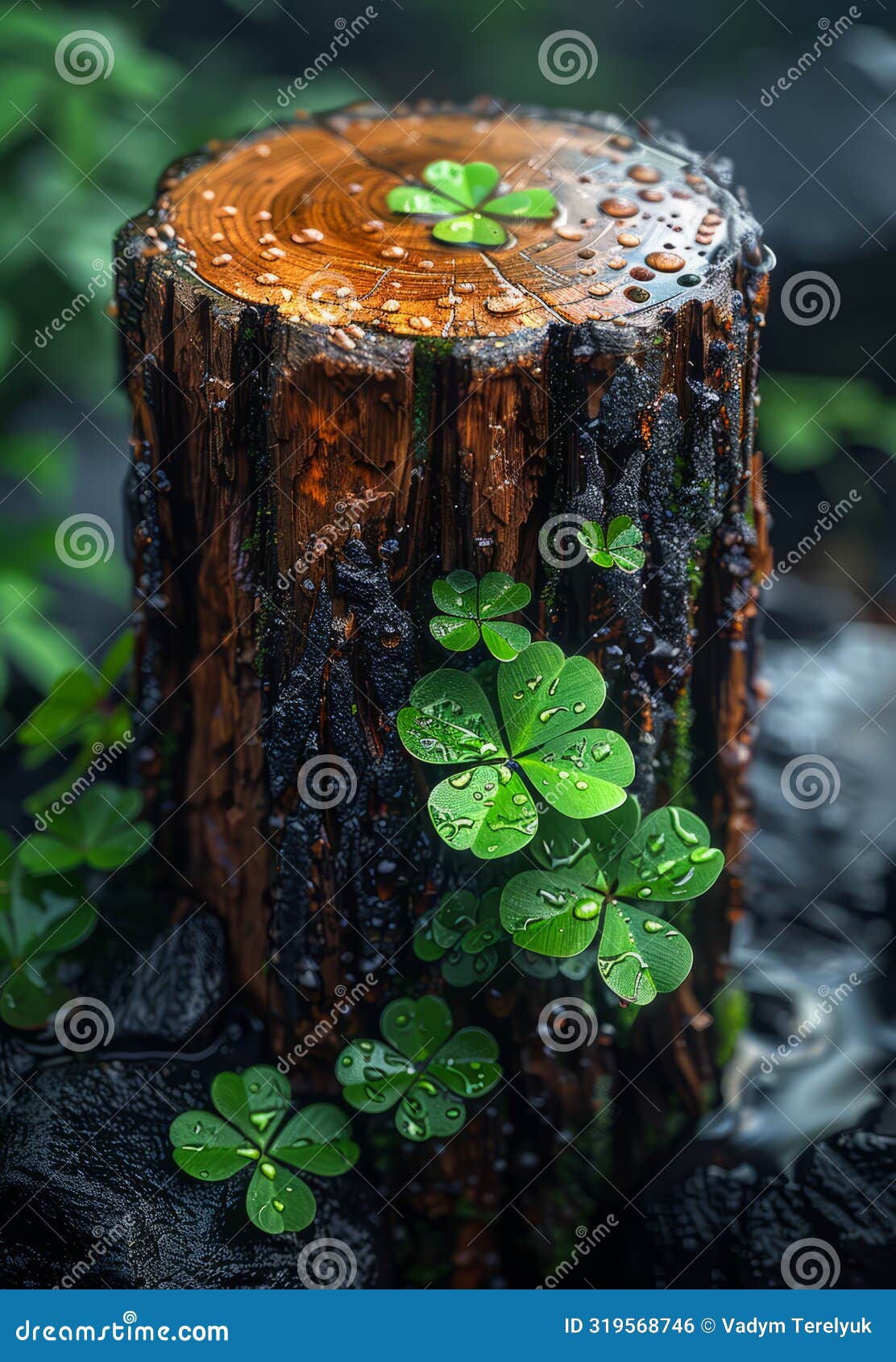 Lucky Four Leaf Clover Growing on Tree Stump Stock Photo - Image of ...