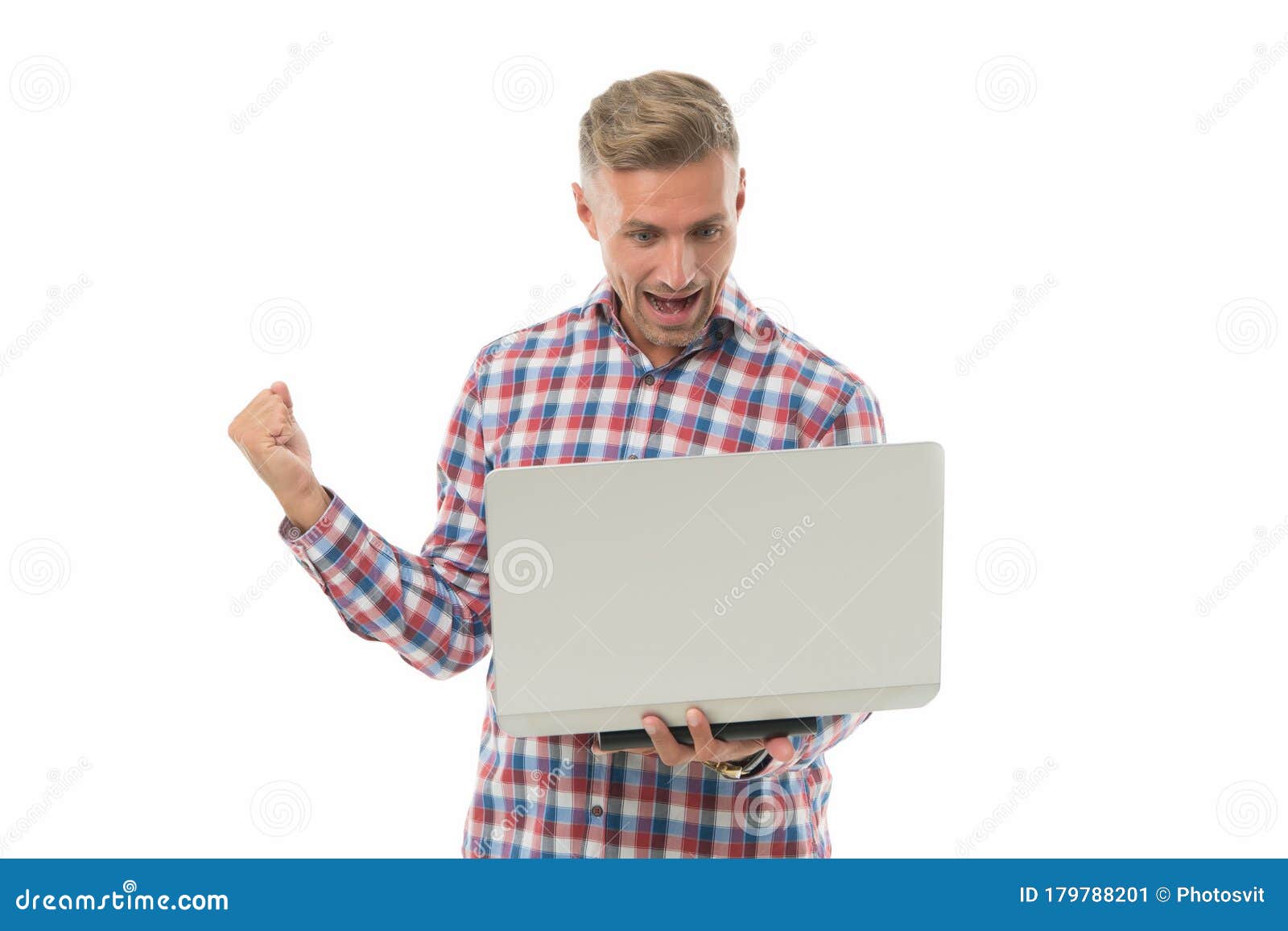Lucky Guy. Handsome Man Hold Laptop Isolated on White. Laptop Computer ...