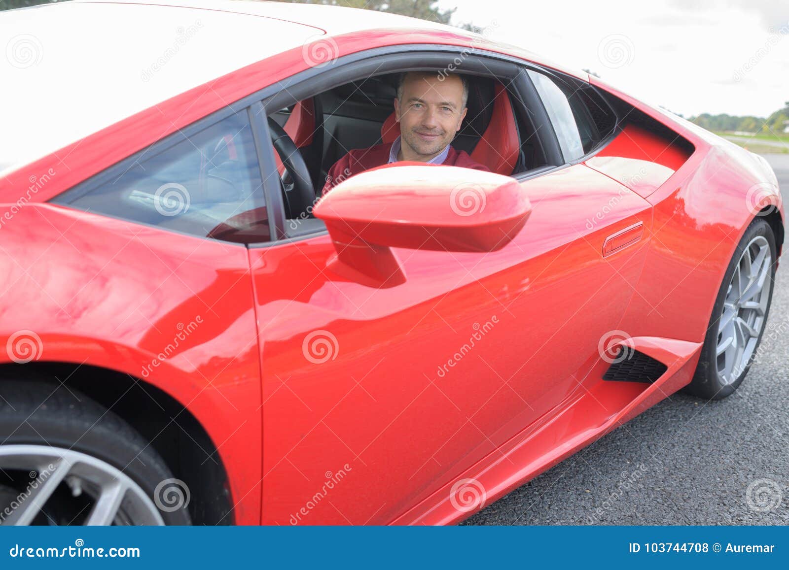 Lucky Man Driving Red Lamborghini Stock Photo - Image of happy, front ...