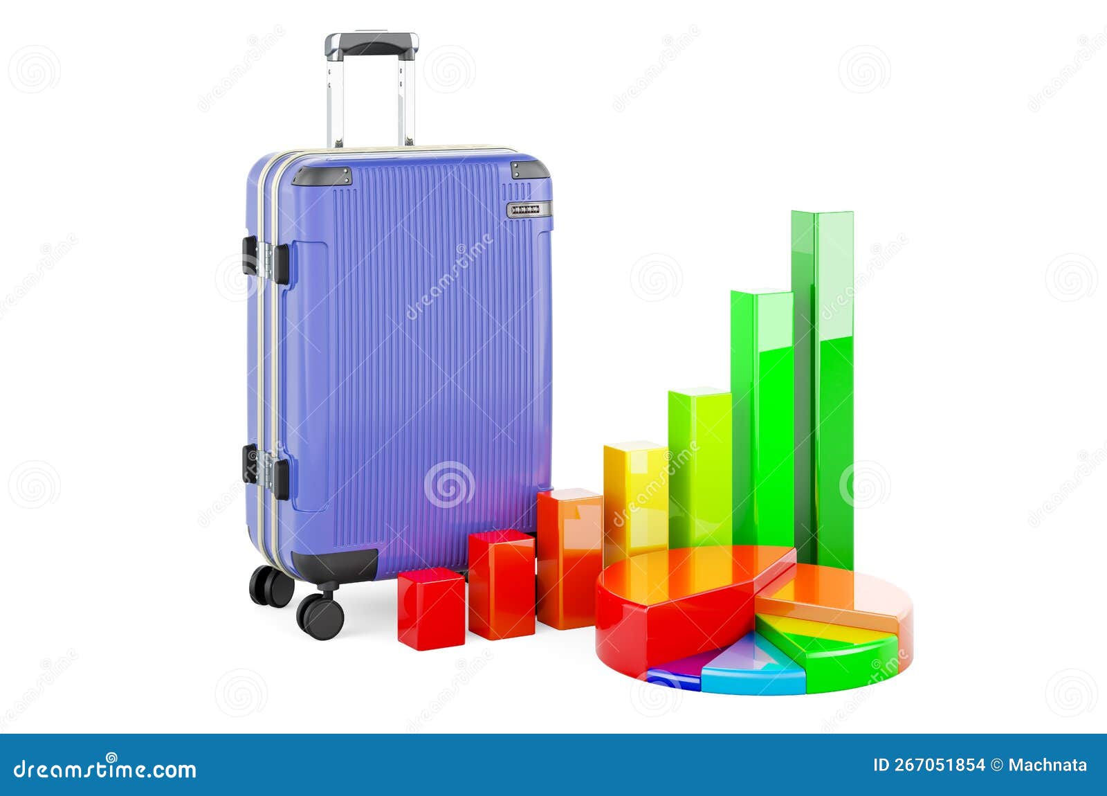 Luggage with Growth Bar Graph and Pie Chart. 3D Rendering Stock ...
