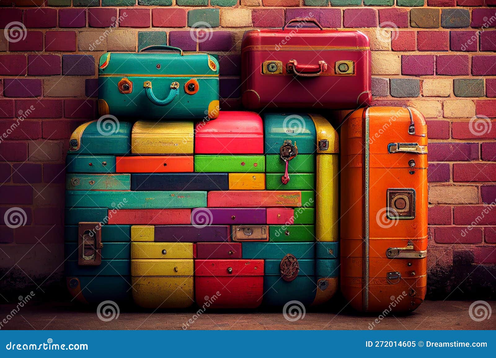 Luggage Stack on Old Brick Backdrop, Travel Adventure ,generative AI ...