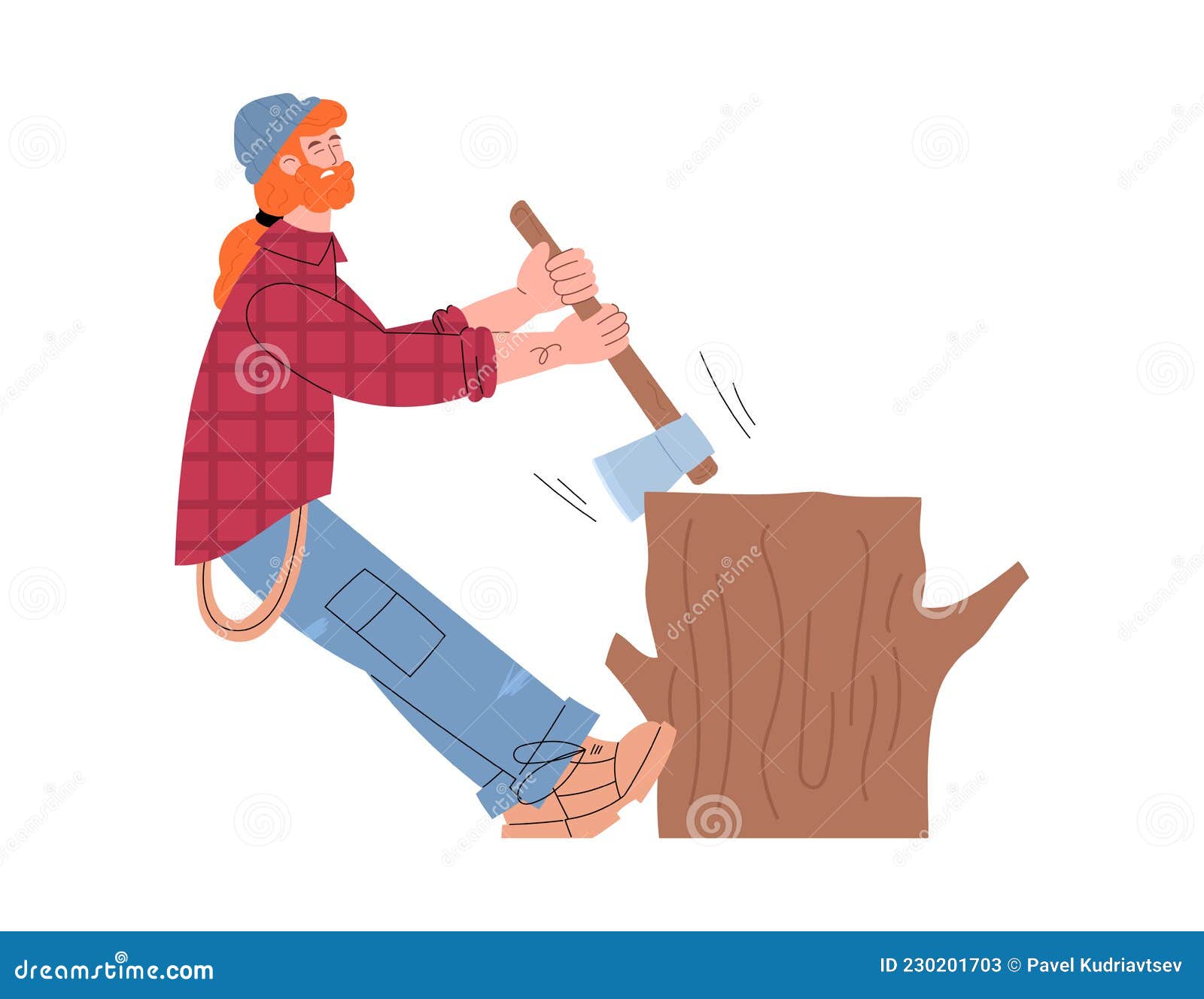 Lumberjack Chopping Tree Trunk with Axe, Flat Vector Illustration ...