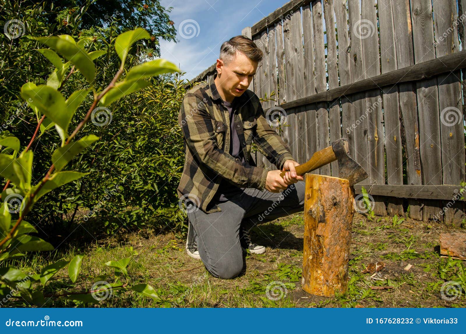 Lumberjack Chopping Wood. Young Man Chopping Woods with an Axe Stock ...