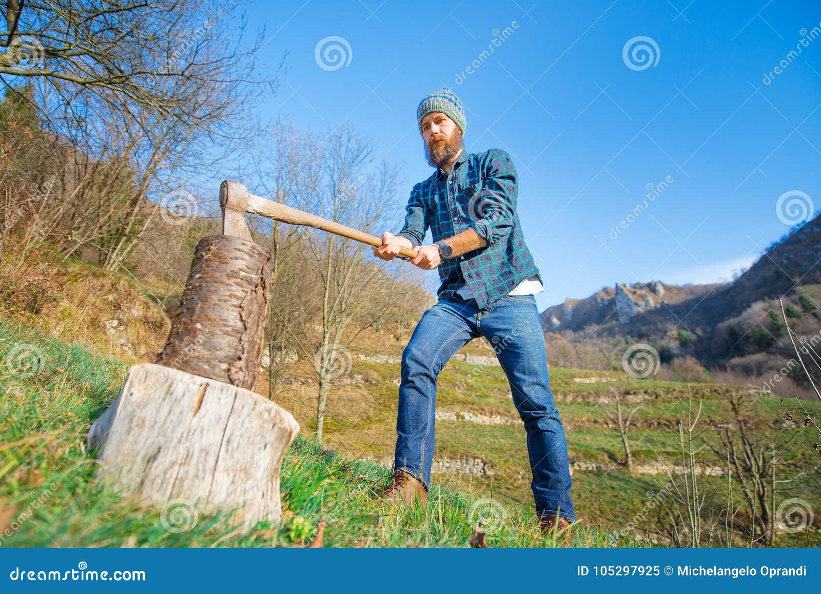 Lumberjack Cut Trunk with Dark Axe Stock Image - Image of handsome ...