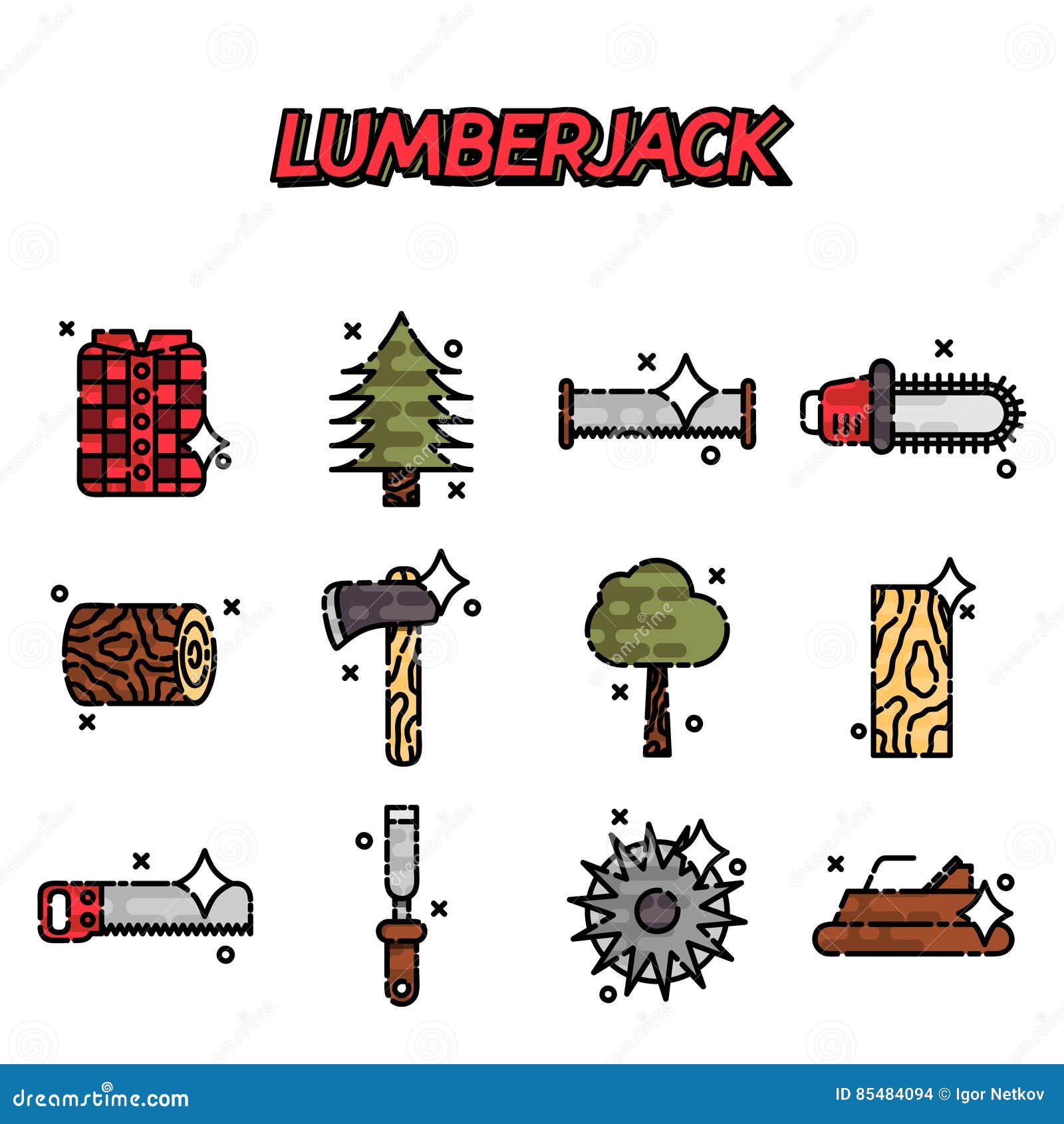 Lumberjack flat icon set stock vector. Illustration of deforestation ...