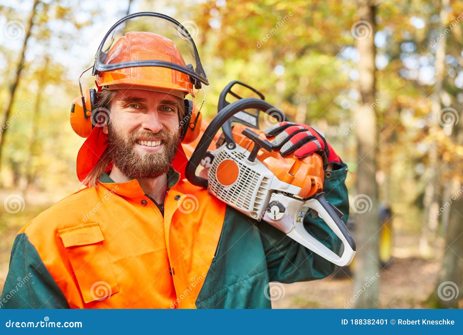 Lumberjack or Forest Worker with Chainsaw Stock Image - Image of ...