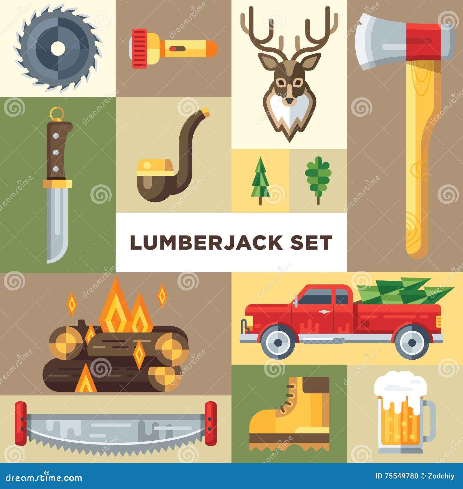 The lumberjack icon set stock vector. Illustration of deer - 75549780
