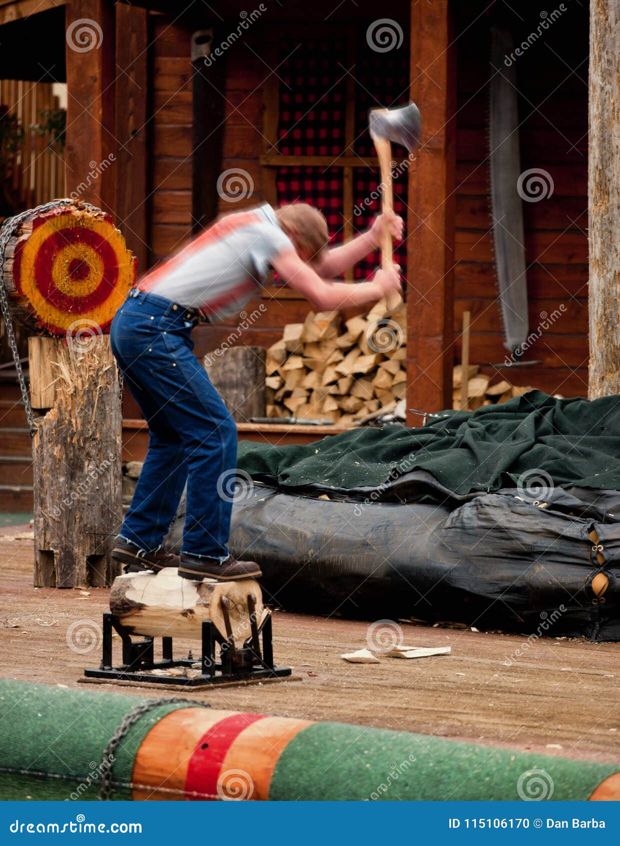 Hacking Wood. Destroy. Man Builder Uniform Hold Axe. Man Builder Hold ...