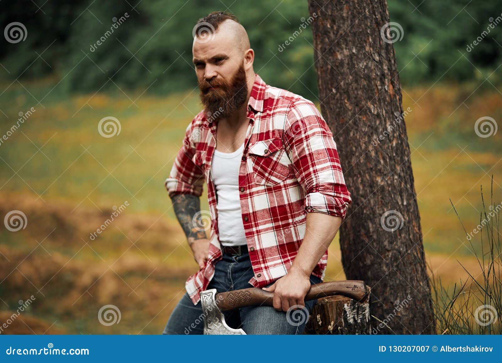 Lumberjack Sitting in Forest Resting after Hard Work Stock Image ...