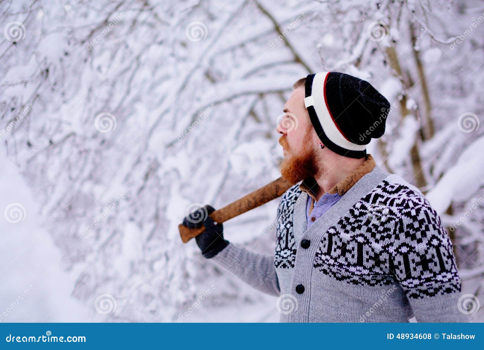 Lumberjack in the Snowy Winter Forest Stock Photo - Image of ...
