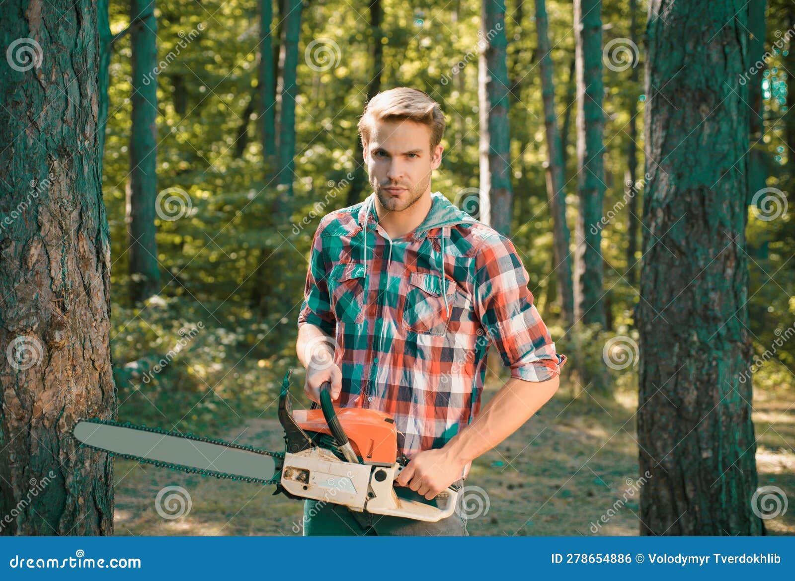 Lumberjack in the Woods with Chainsaw Axe. Lumberjack Worker Walking in ...