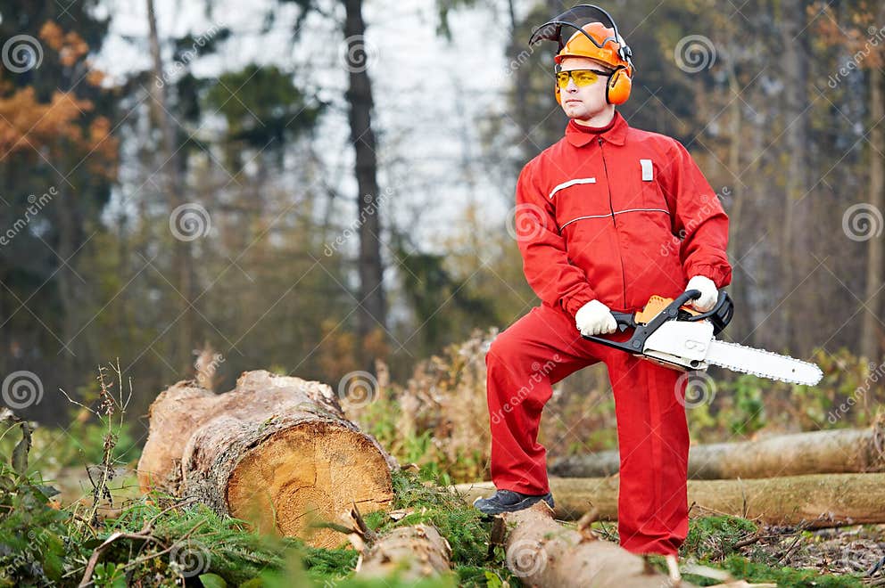 Lumberjack Worker with Chainsaw in the Forest Stock Image - Image of ...