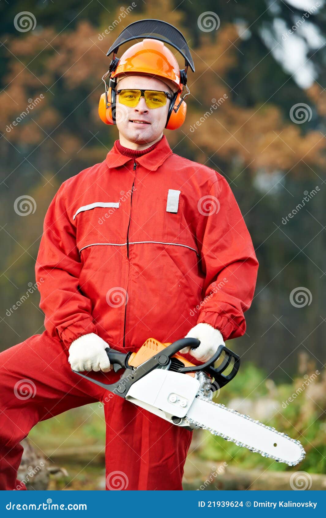 Lumberjack Worker with Chainsaw in the Forest Stock Photo - Image of ...