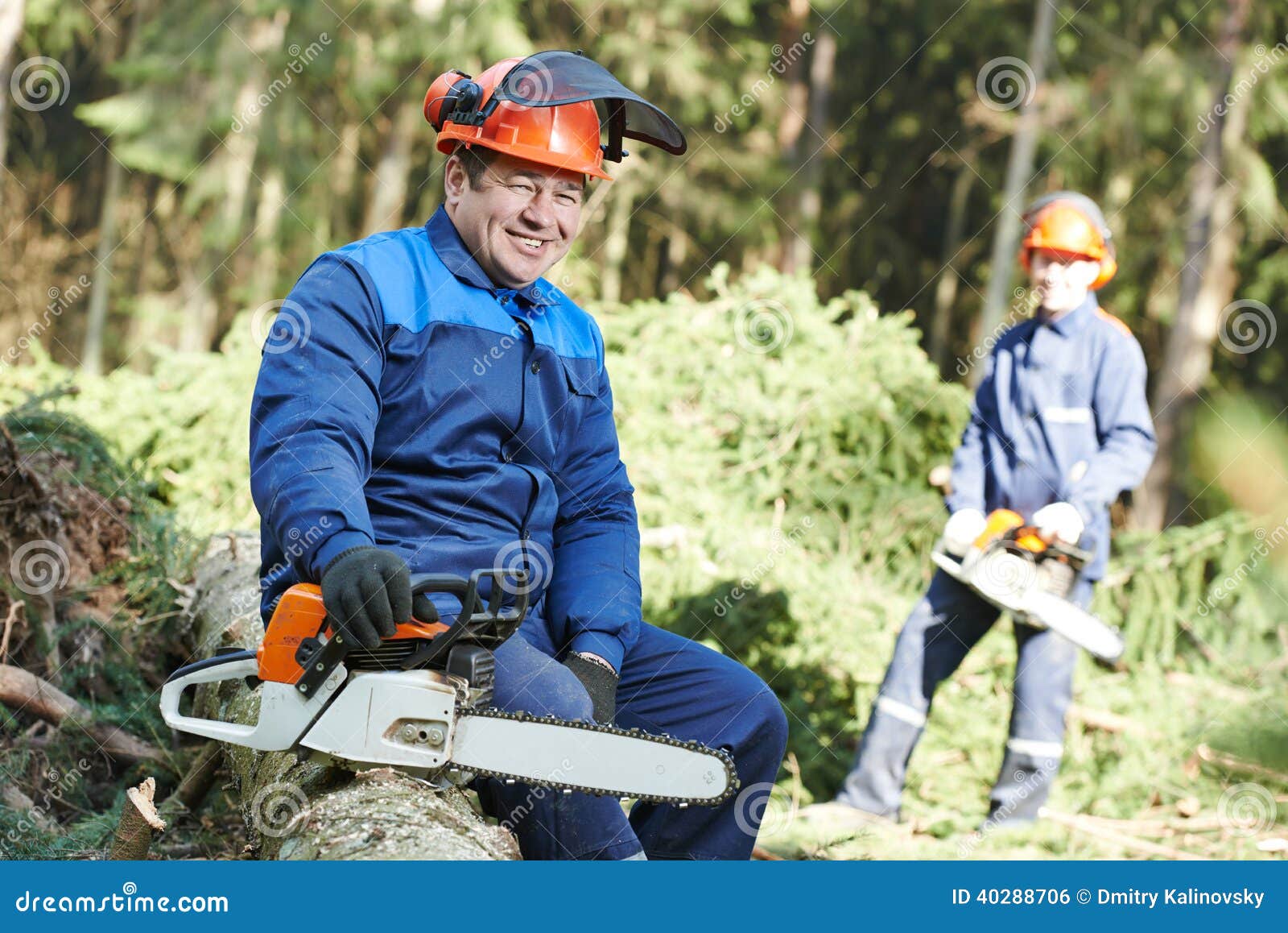 Lumberjack Worker with Chainsaw in the Forest Stock Photo - Image of ...