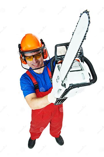 Lumberjack Worker with Chainsaw Isolated Stock Image - Image of ...