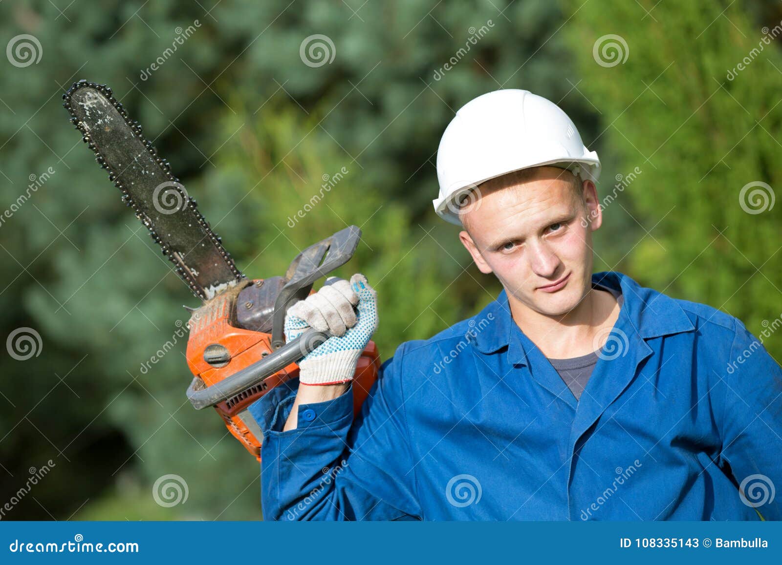 Lumberjack Worker with Chainsaw in Work Wear Stock Image - Image of ...