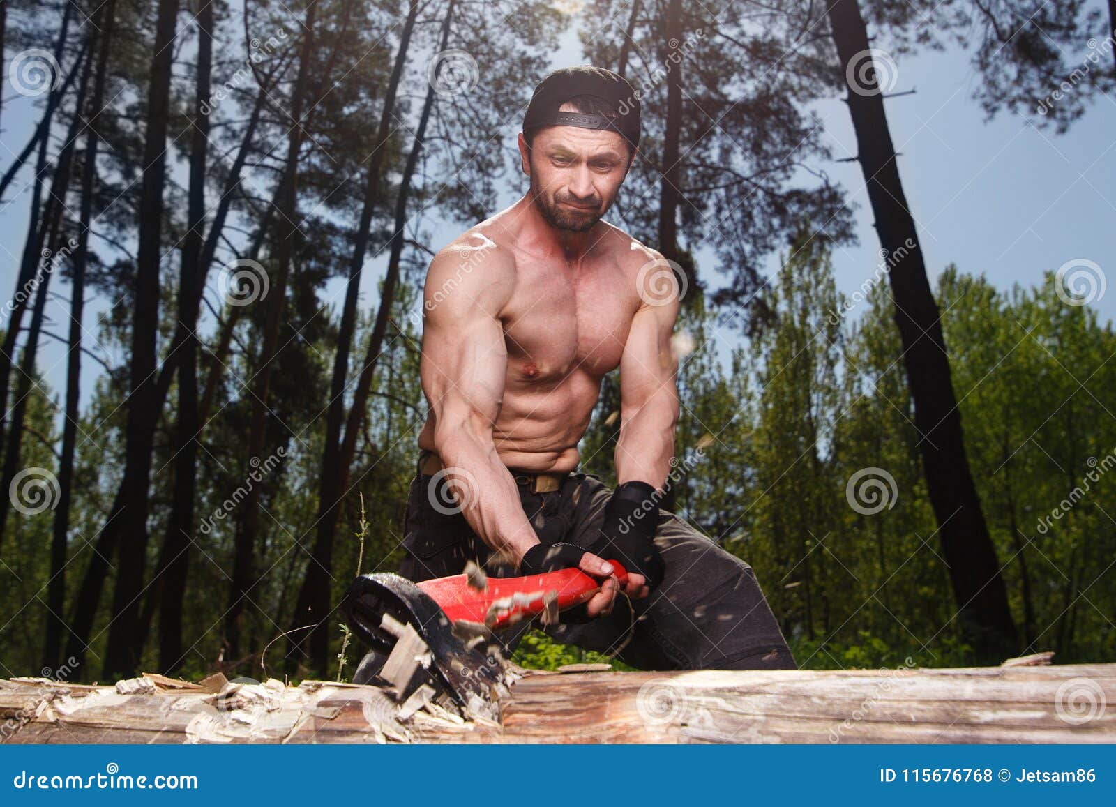 Lumberjack Worker Chopping Down a Tree Breaking Off Many Splinte Stock ...