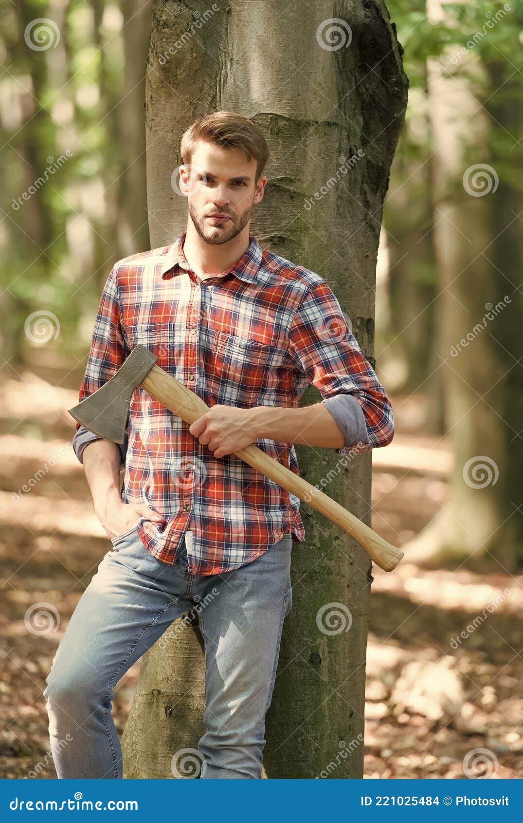 Lumberjack Worker Man Standing in the Forest with Axe, Summer Stock ...