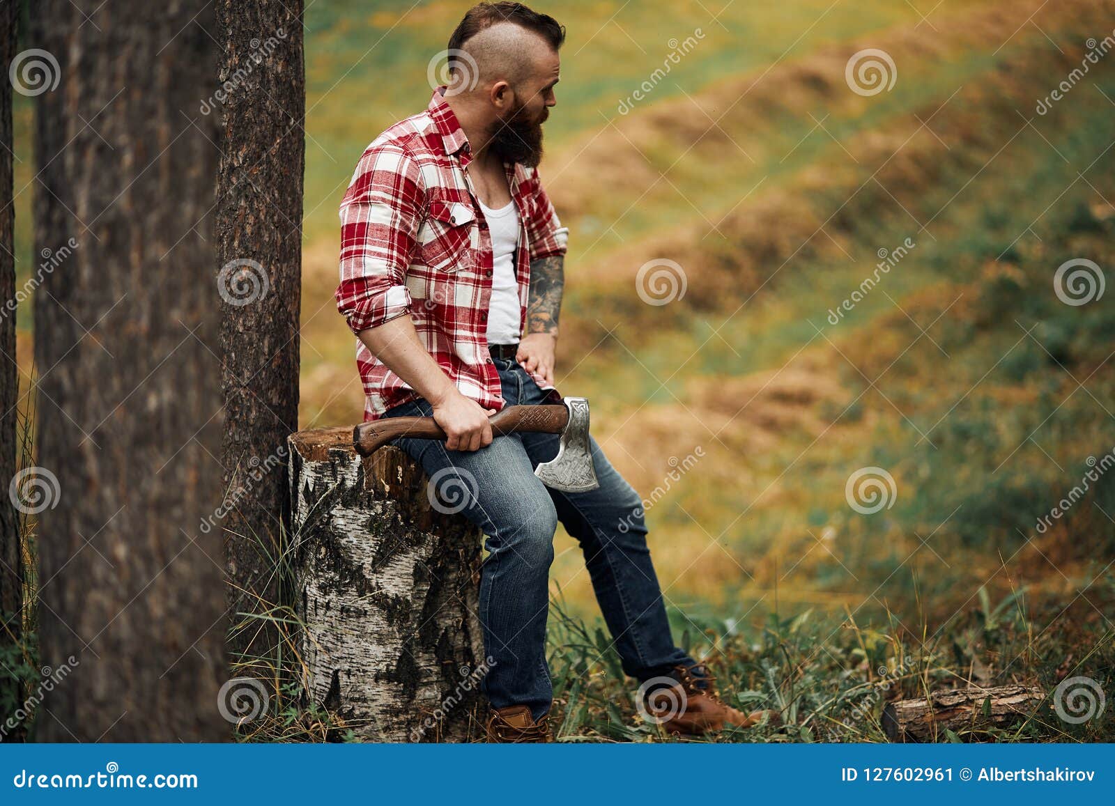 Lumberjack Sitting in Forest Resting after Hard Work Stock Image ...
