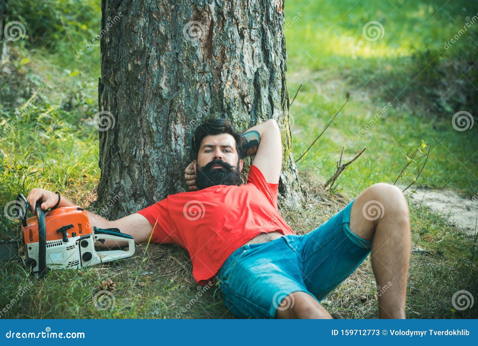 Lumberjack Worker Sitting in the Forest. Resting after Hard Work. Stock ...