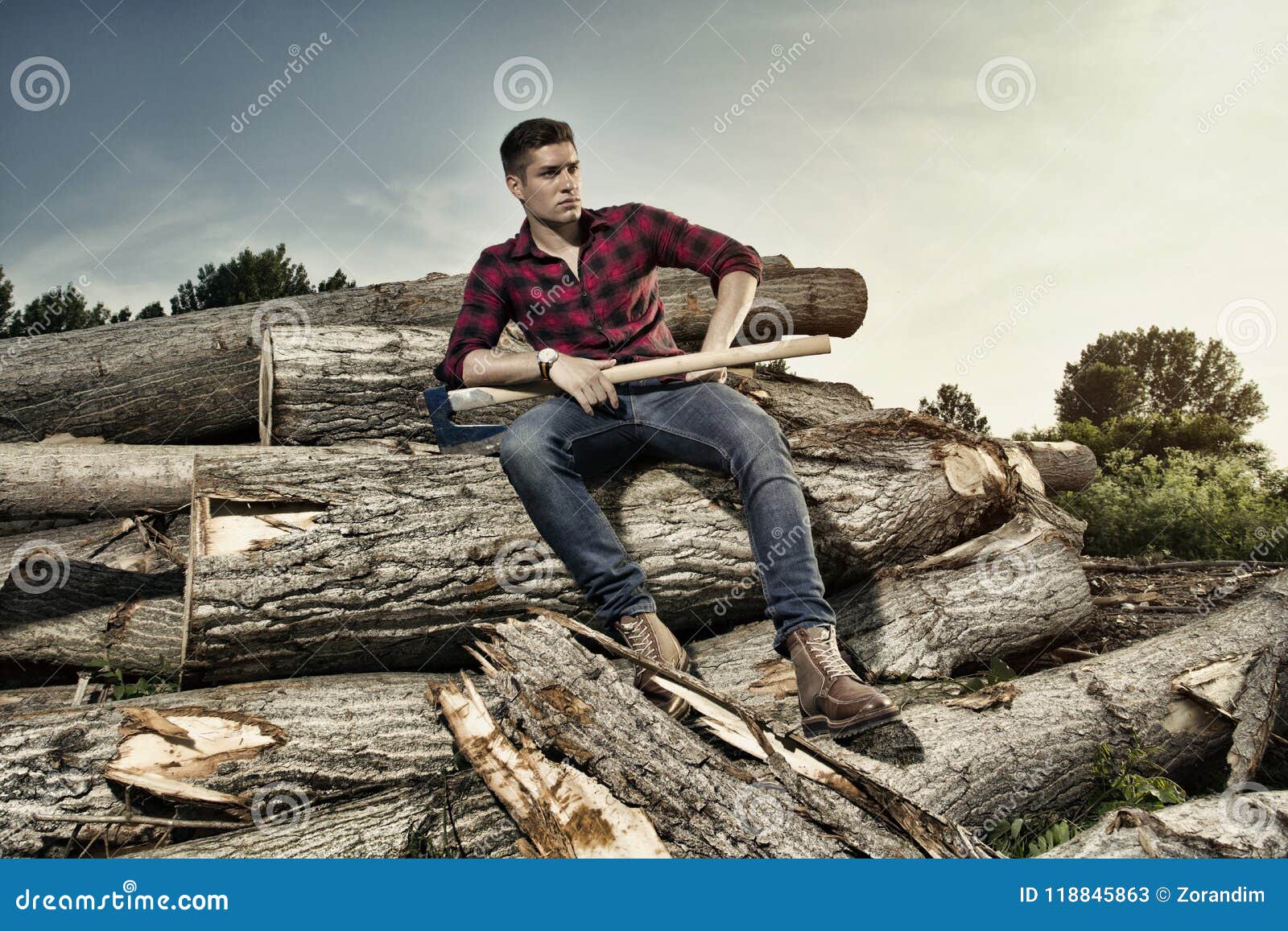 Lumberjack Worker Sitting in the Forest Stock Image - Image of ...