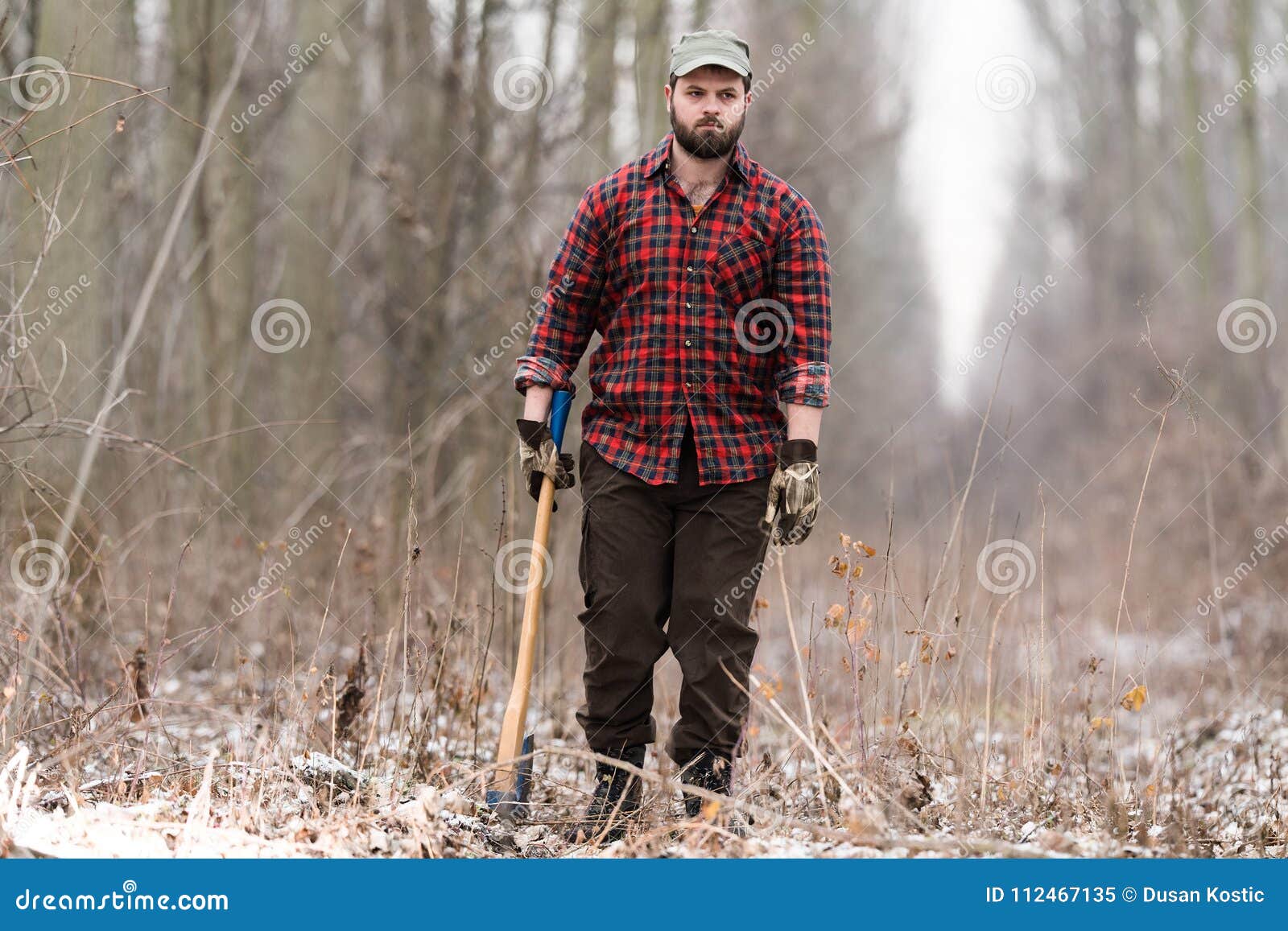 Lumberjack Worker Standing in the Forest with Axe Stock Image - Image ...