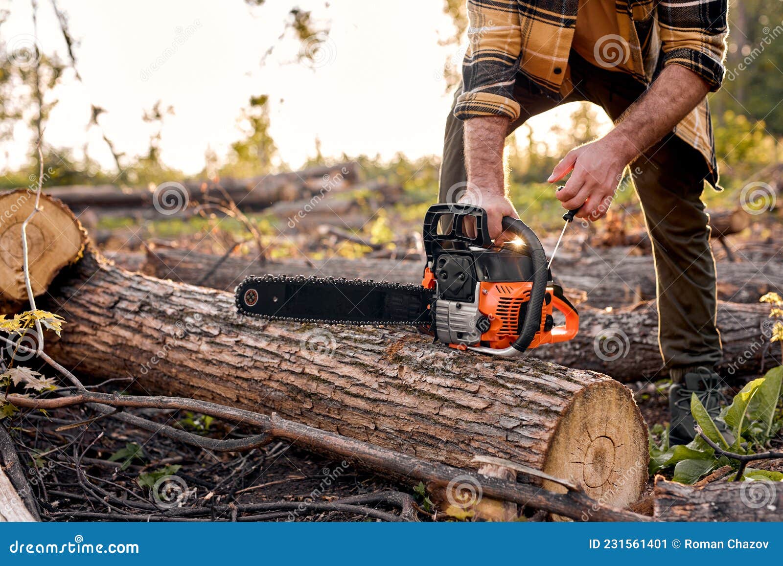 Lumberman Irreconocible Enciende La Sierra Para Cortar Madera Hombre Cortando Madera Con Sierra