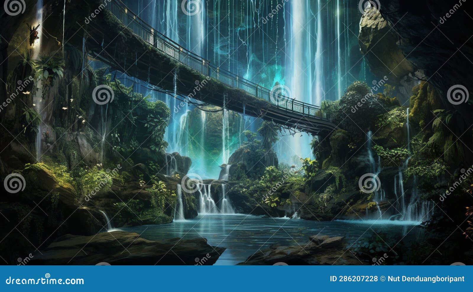 Luminescent Cascade: Techno Jungle S Enchanted Waterfall Stock ...