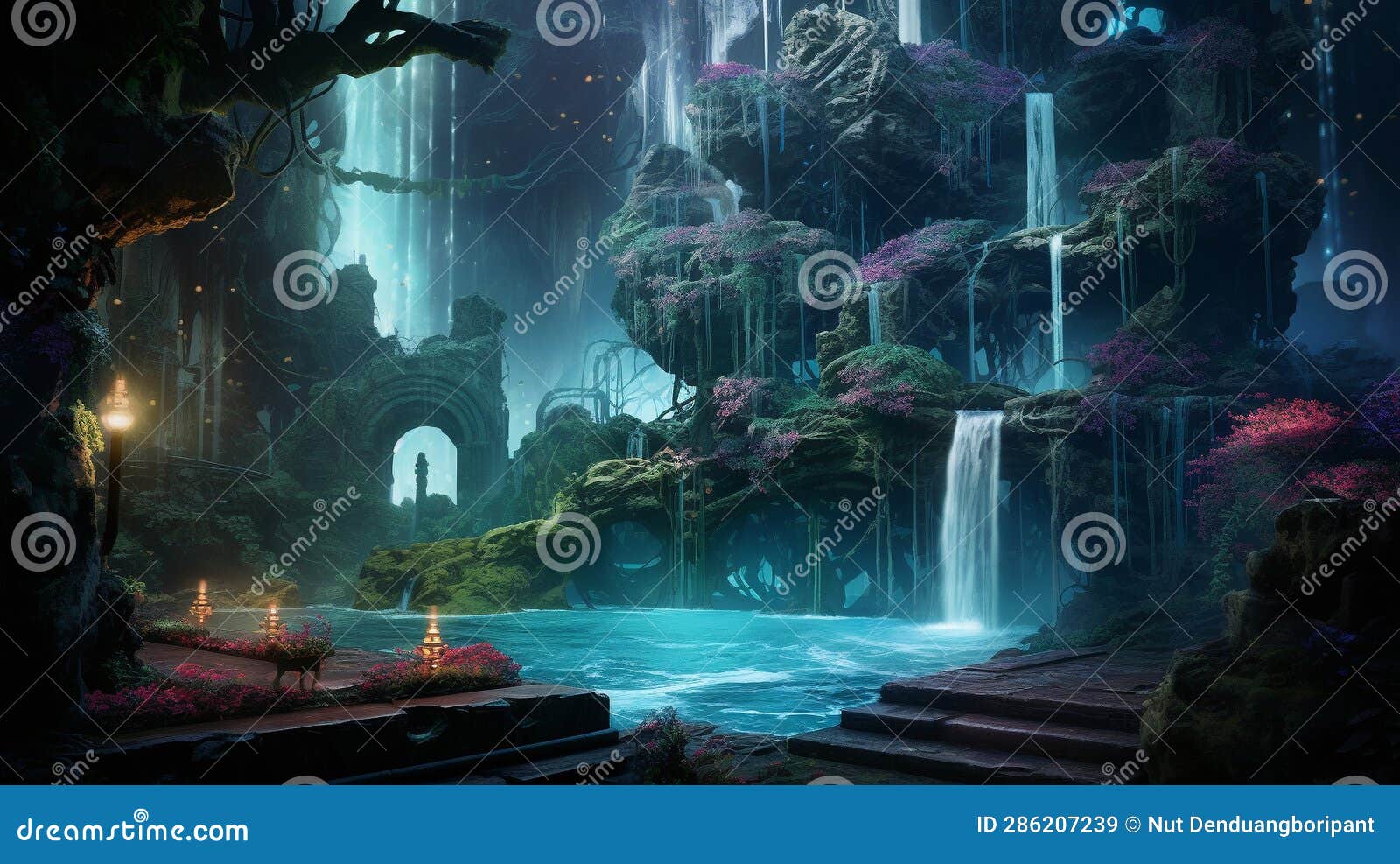 Luminescent Cascade: Techno Jungle S Enchanted Waterfall Stock Image ...