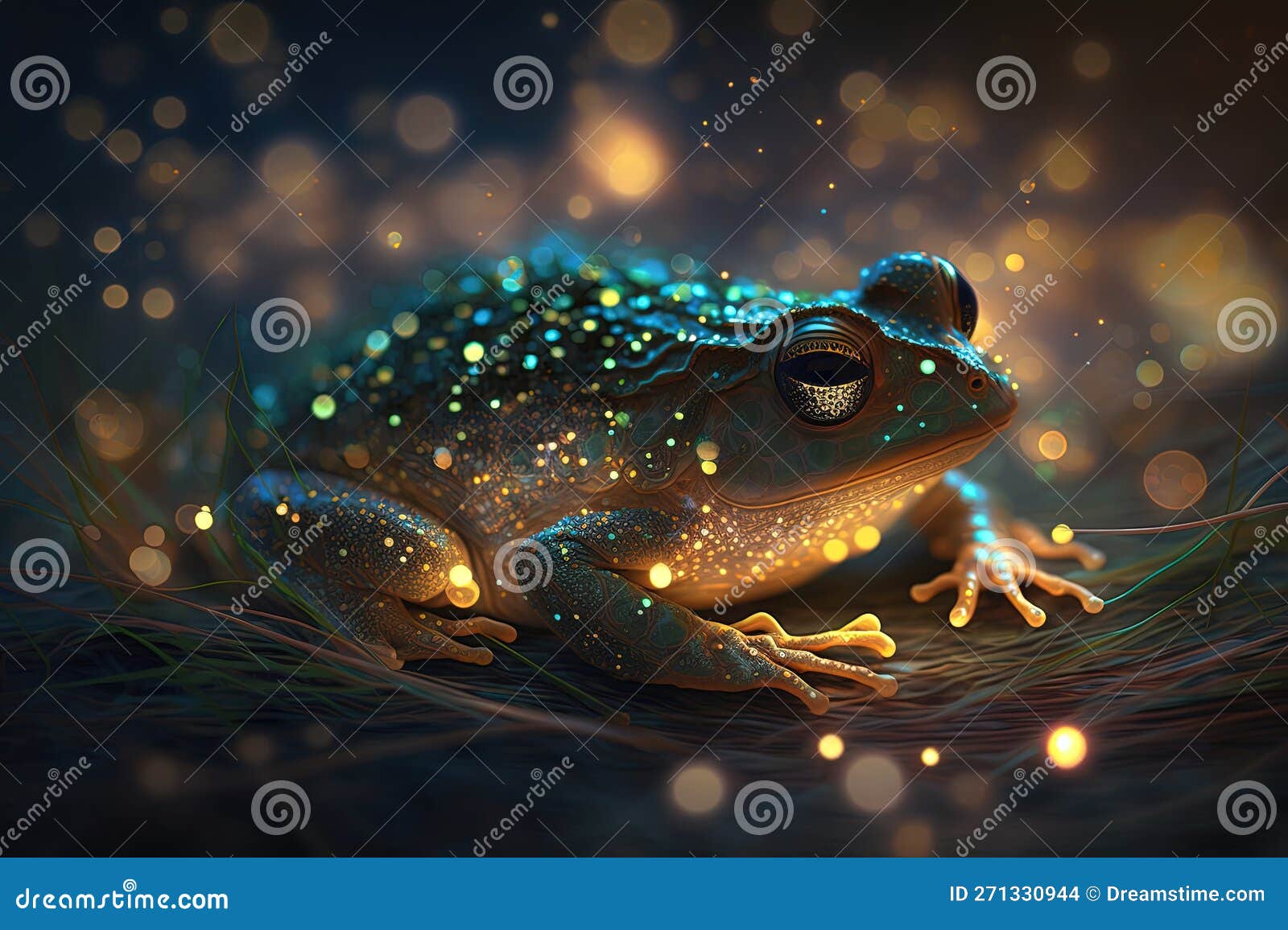 Luminescent Curled Up Sleeping Frog, Fireflies Bokeh in Front of the ...