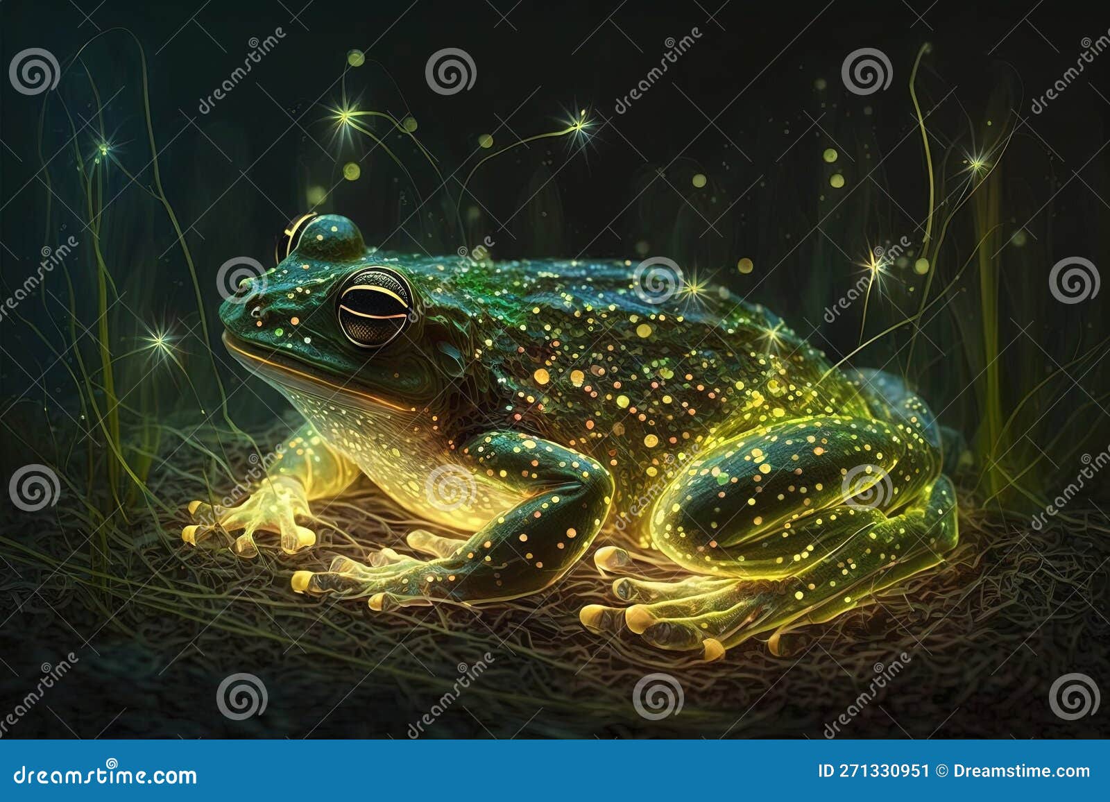 Luminescent Curled Up Sleeping Frog, Fireflies Bokeh in Front of the ...