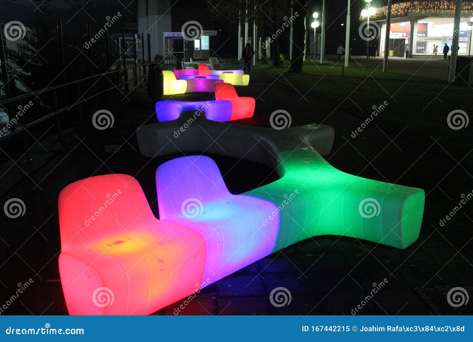 Luminous Benches Outdoor at Night Editorial Image - Image of color ...