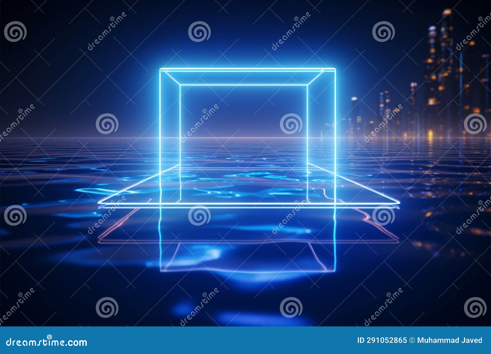 Luminous Blue Neon Square 3D Rendering Mirrored on Water Stock ...