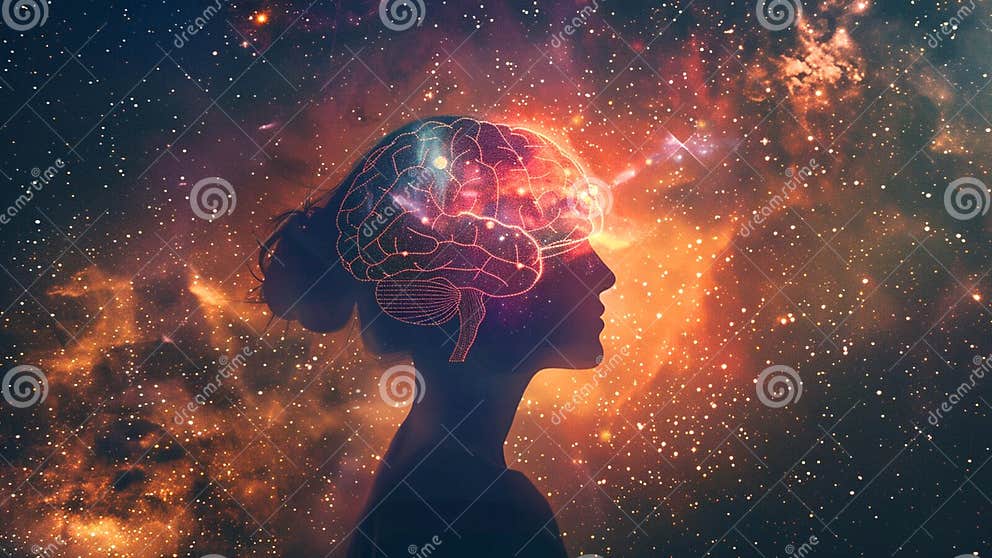 Luminous Brain With A Glowing Network Of Neurons And A Galaxy Inside A Person S Head Stock