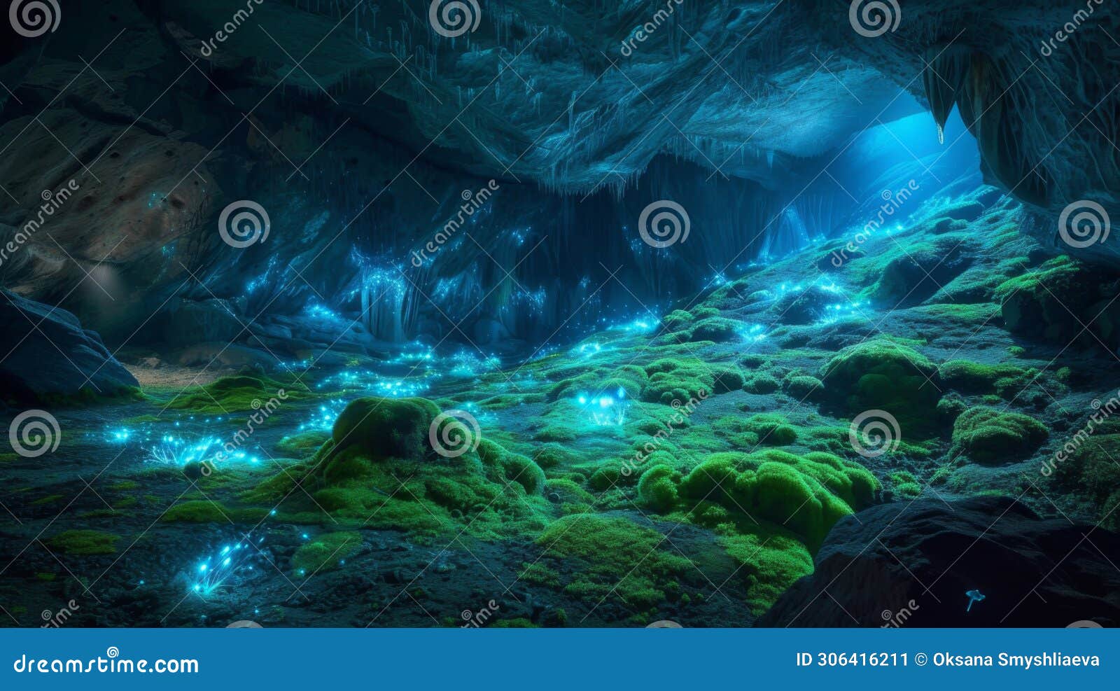 Luminous Cave with Moss and Light. Bioluminescent Lights and Moss in a ...