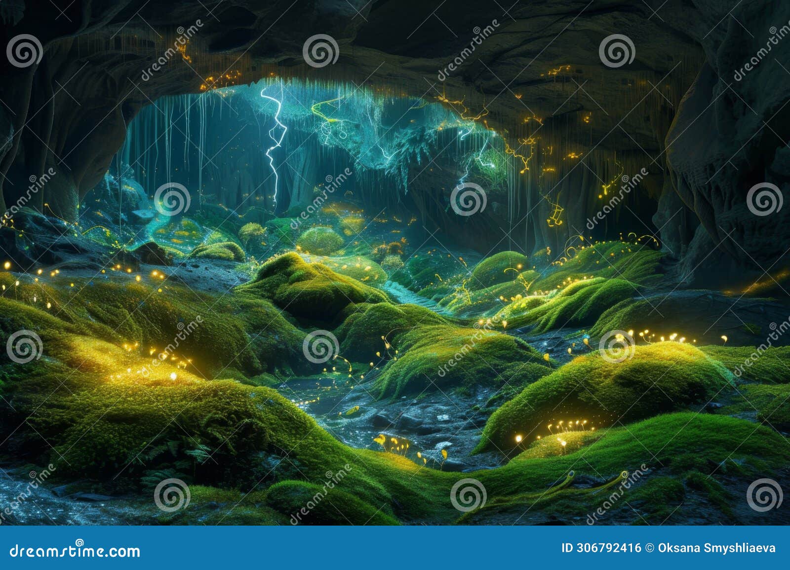 Luminous Cave with Moss and Light. Bioluminescent Lights and Moss in a ...