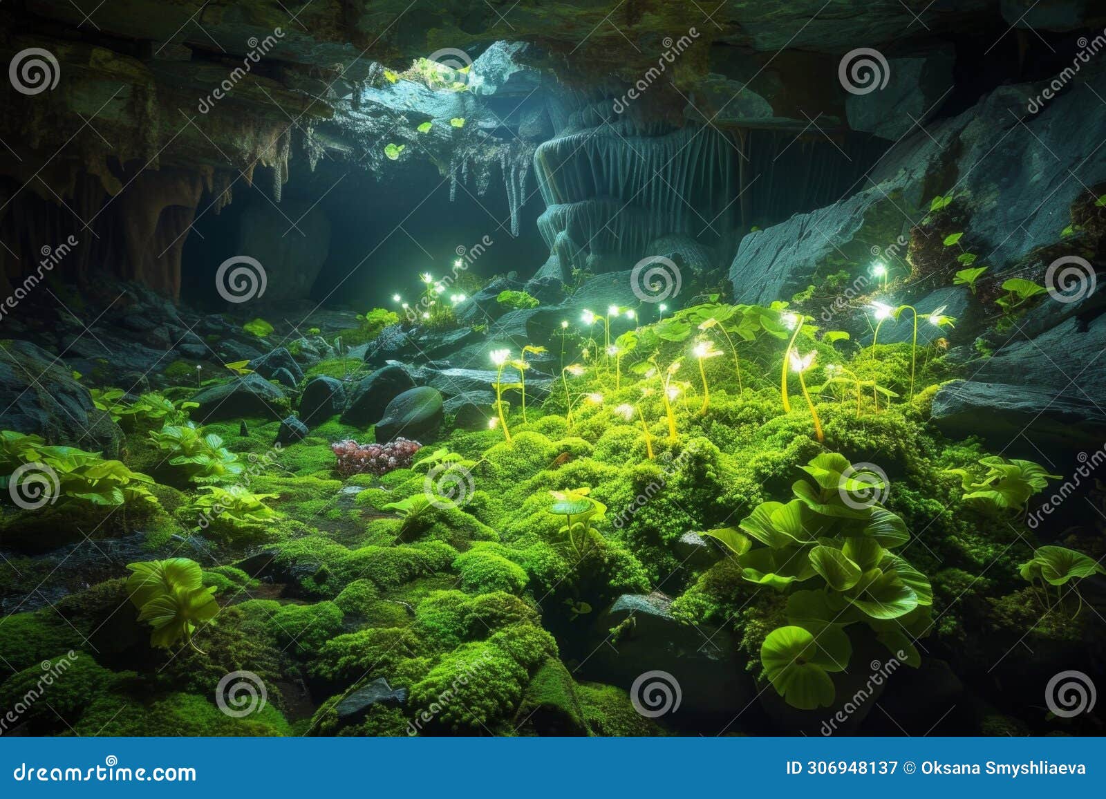 Luminous Cave with Moss and Light. Bioluminescent Lights and Moss in a ...