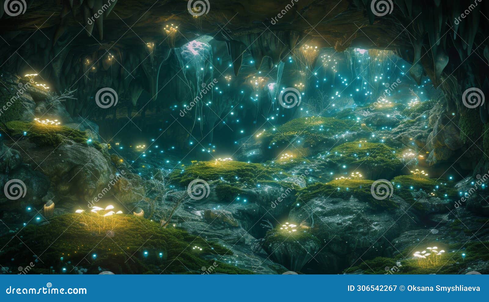 Luminous Cave with Moss and Light. Bioluminescent Lights and Moss in a ...