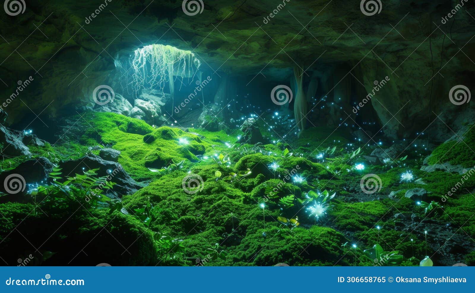 Luminous Cave with Moss and Light. Bioluminescent Lights and Moss in a ...