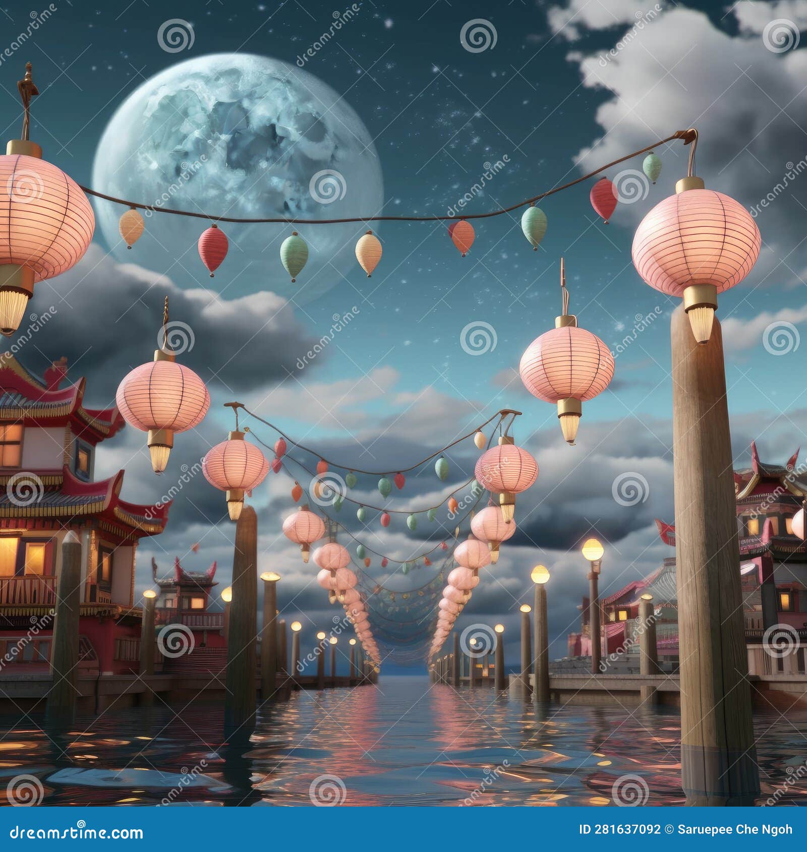Luminous Celestial Symphony: Moon, Stars, and an Array of Lanterns in ...