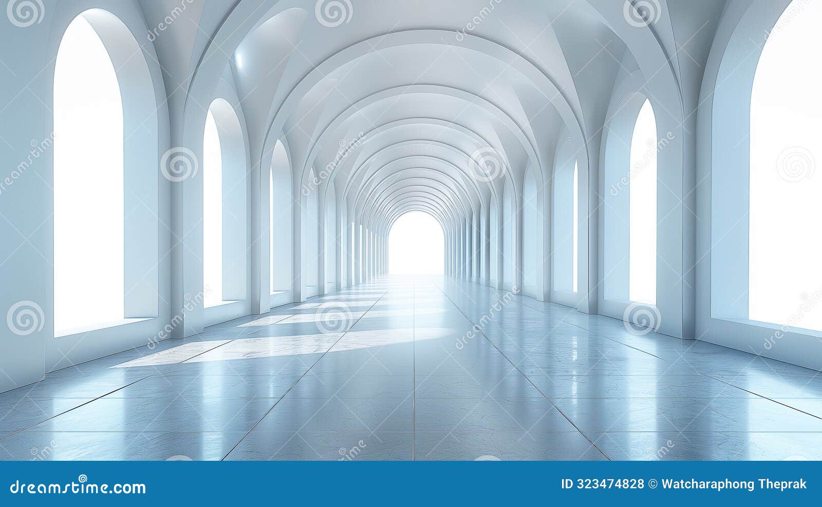 A Luminous Corridor with Arched Windows and Smooth Floors, Flooded with ...